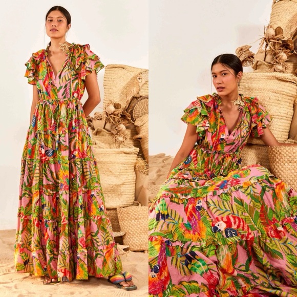 FARM Rio | Dresses | Farm Rio Macaw Leaves Maxi Dress Beaded Parrot ...